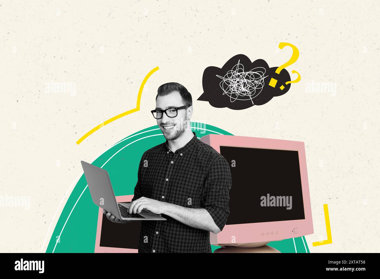 Creative collage picutre young man laptop computer browsing digital ...