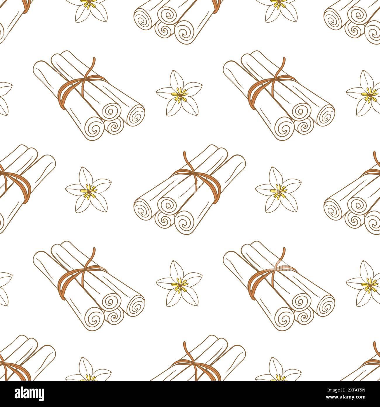 Pattern with brown cinnamon sticks and vanilla flower, doodle outline ...
