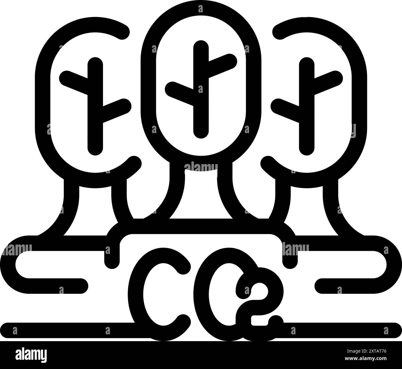 Line art vector icon of three trees absorbing carbon dioxide, symbolizing the role of forests in ...