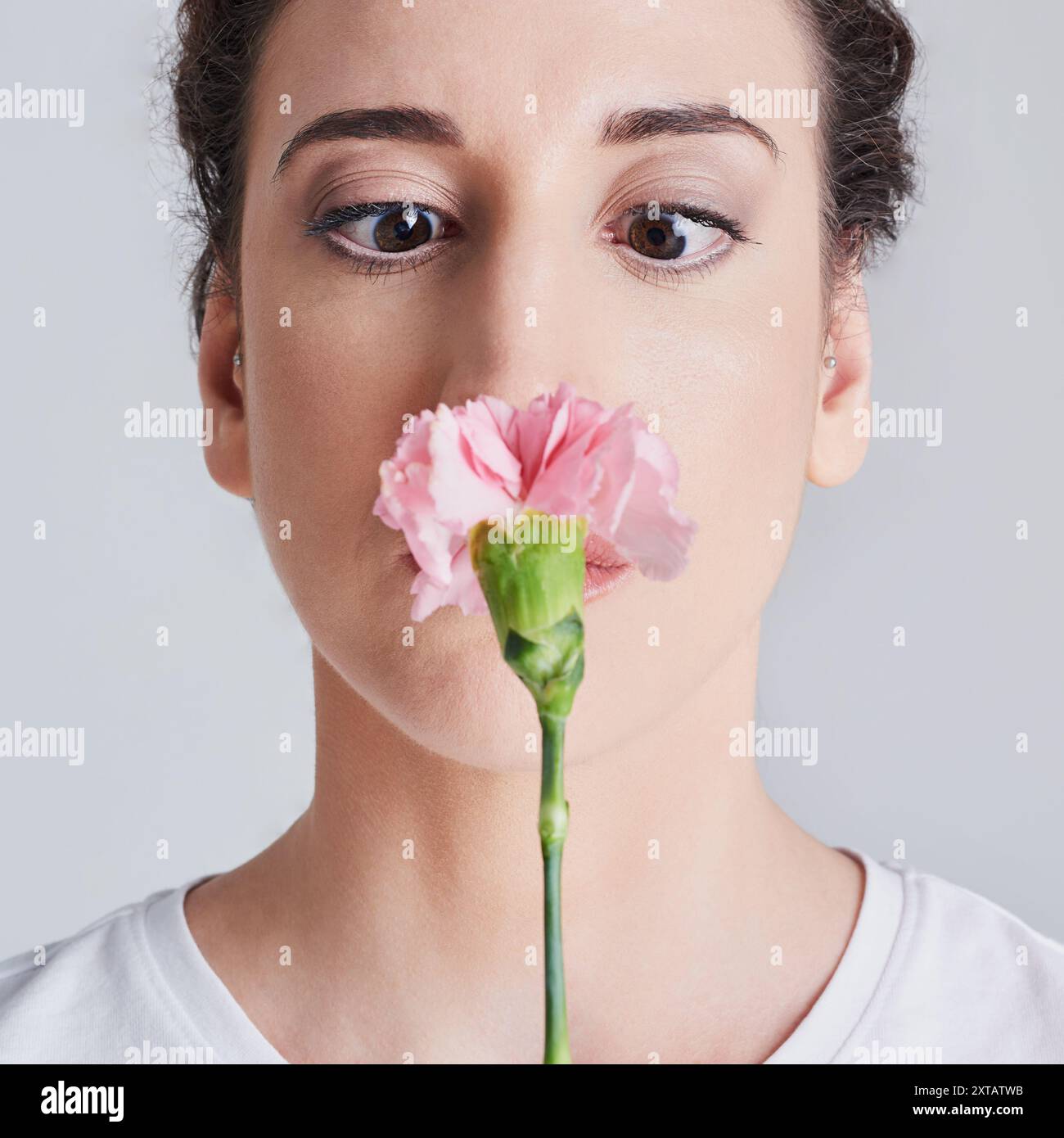 Nature, girl and smell flower in studio for bloom season, silly and ...