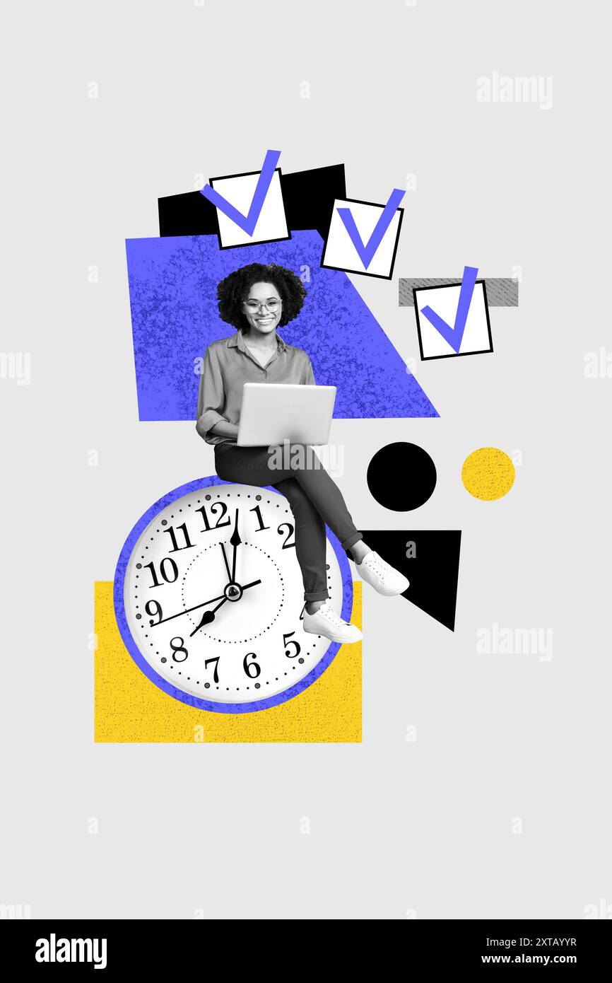 Vertical photo collage of happy american businesswoman sit time clock ...