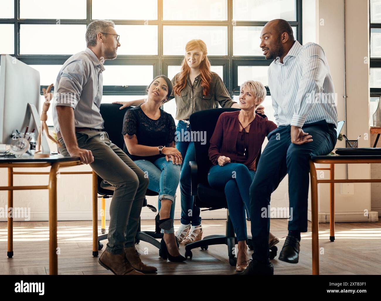 Talking, group and speaker with ideas in meeting, brainstorming and ...