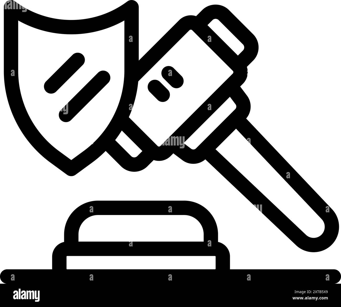Simple icon of a judge's hammer striking down on a shield, representing ...