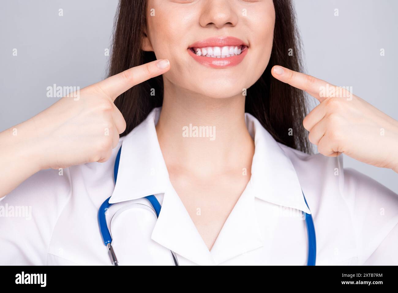 Close up cropped photo of professional medical worker lady point ...