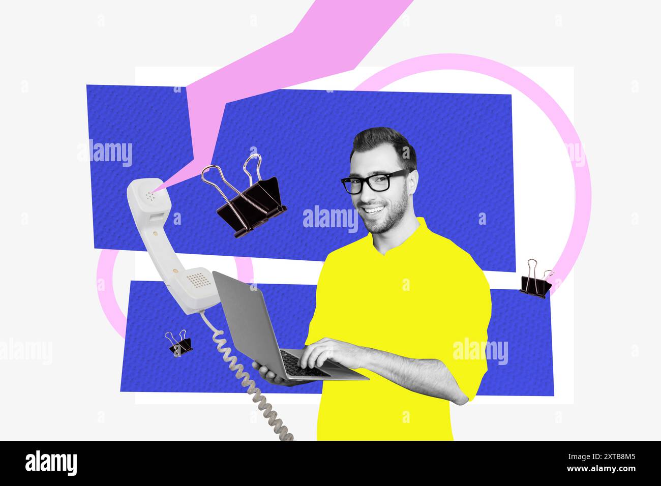 Creative collage picture young man telephone operator client support ...