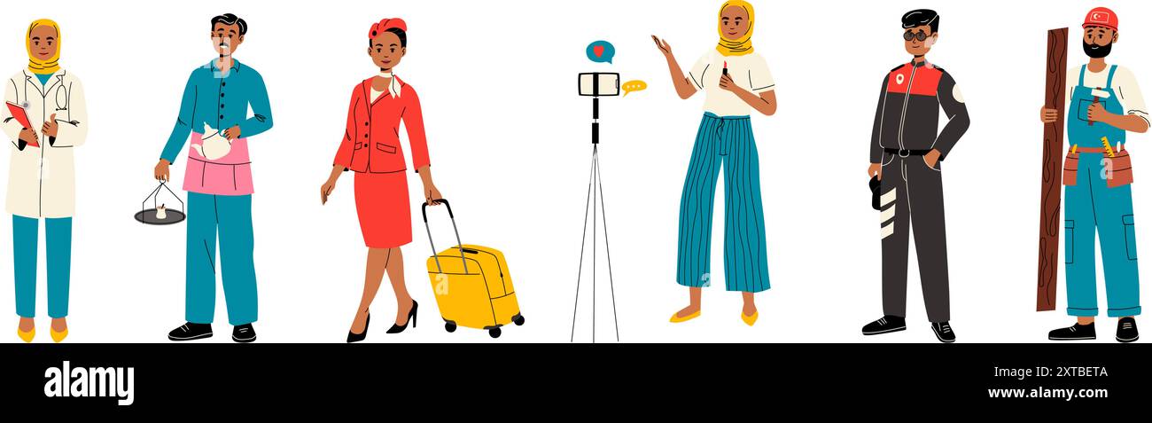 Set of professions. Doctor, waiter, stewardess, vlogger, policeman ...