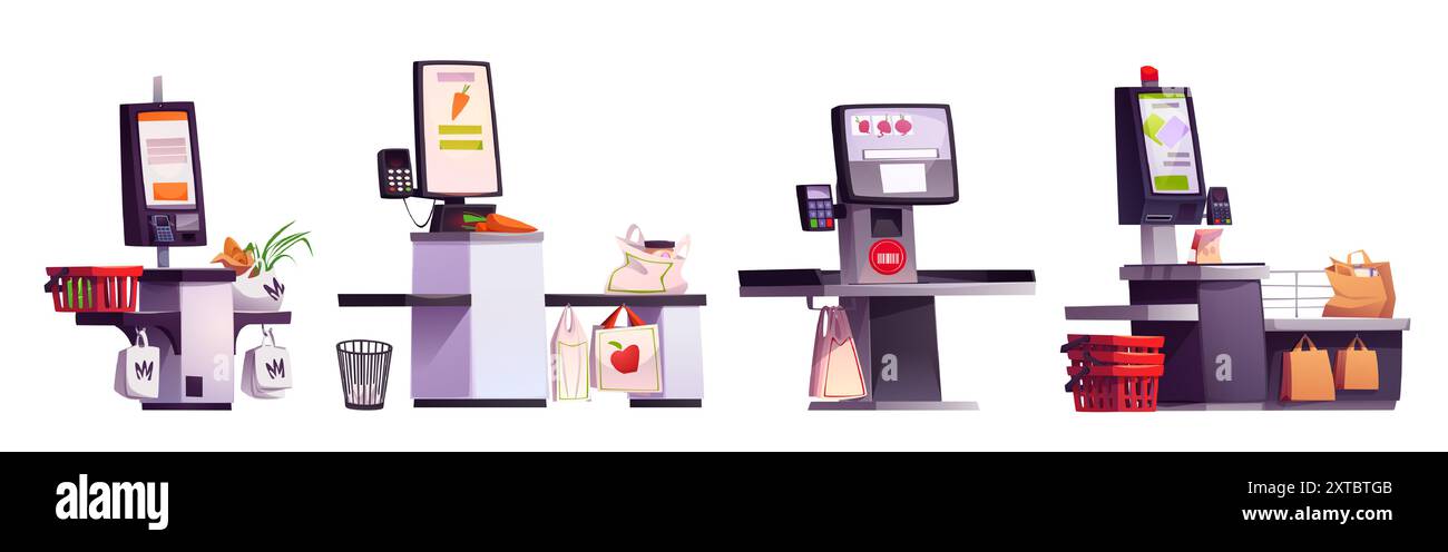 Self-service terminals set for supermarket interior isolated on white ...