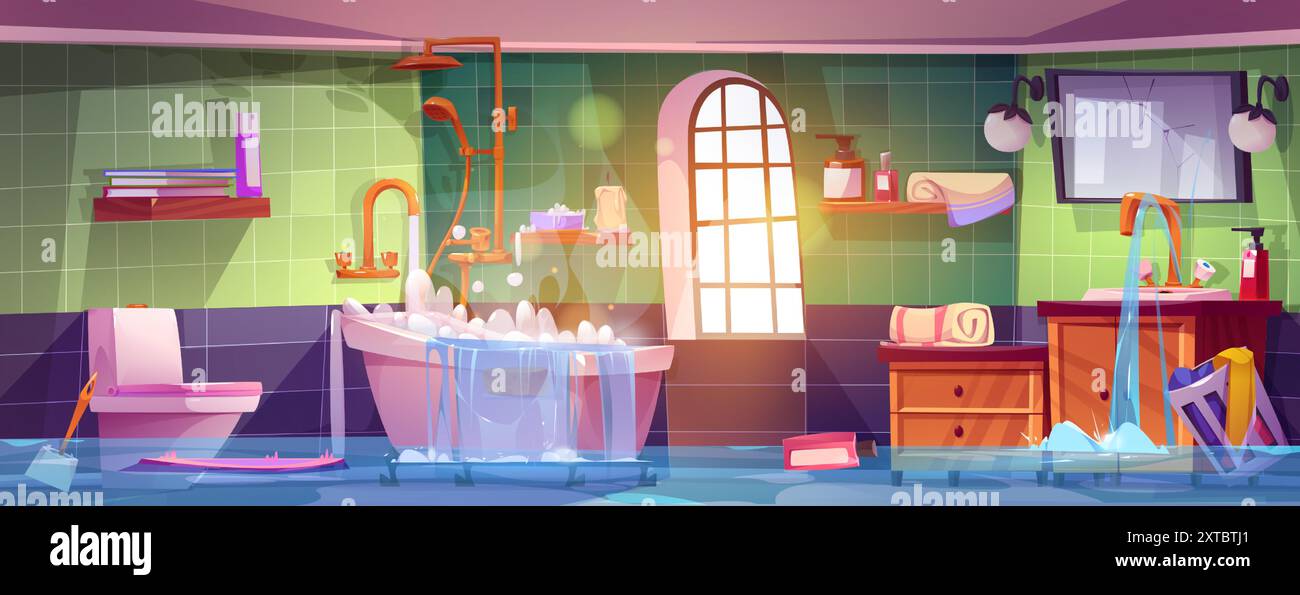 Dirty messy bathroom flooded with water from tub and sink. Cartoon ...