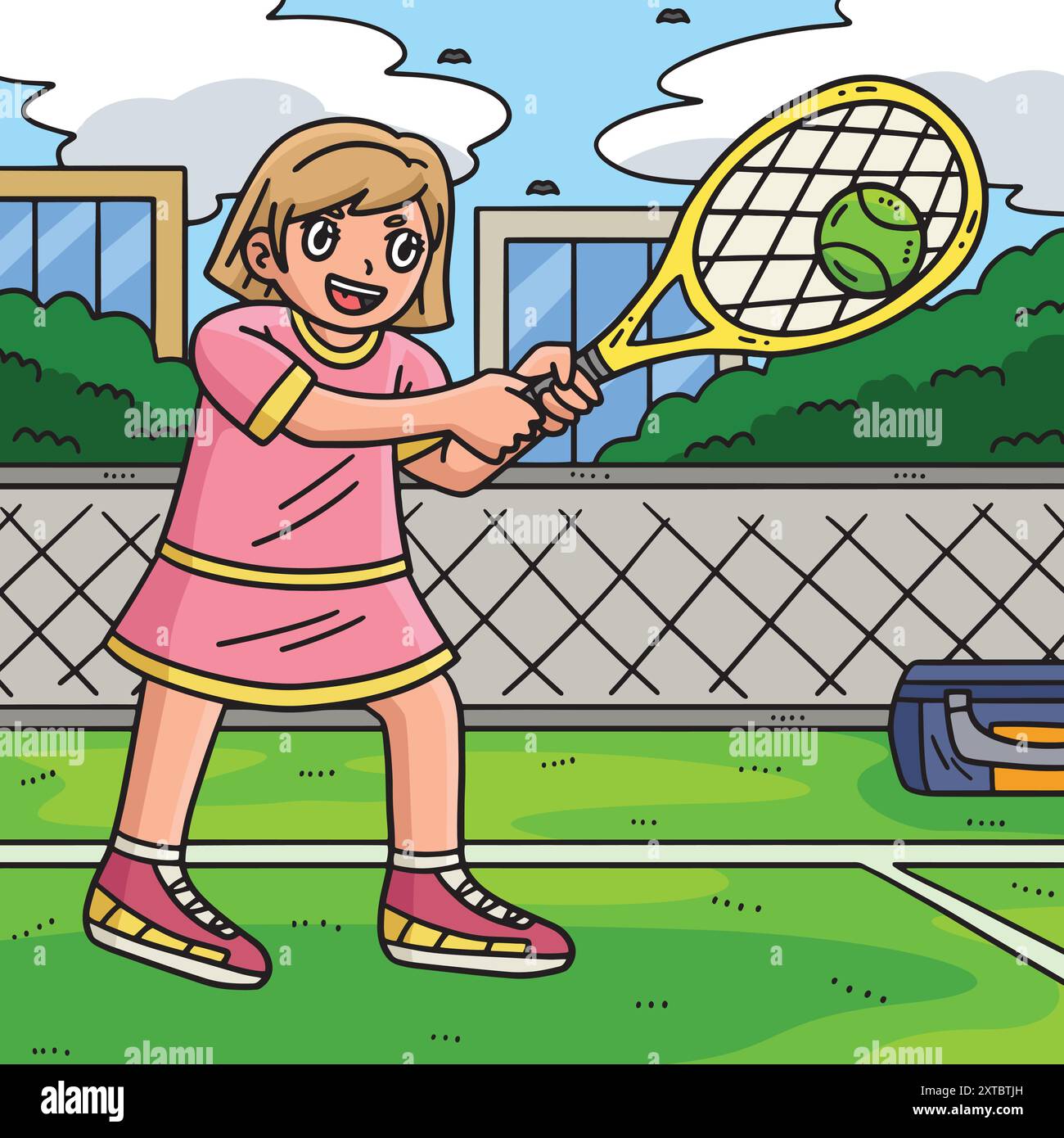 Female Tennis Player Hitting Ball Colored Cartoon Stock Vector Image ...