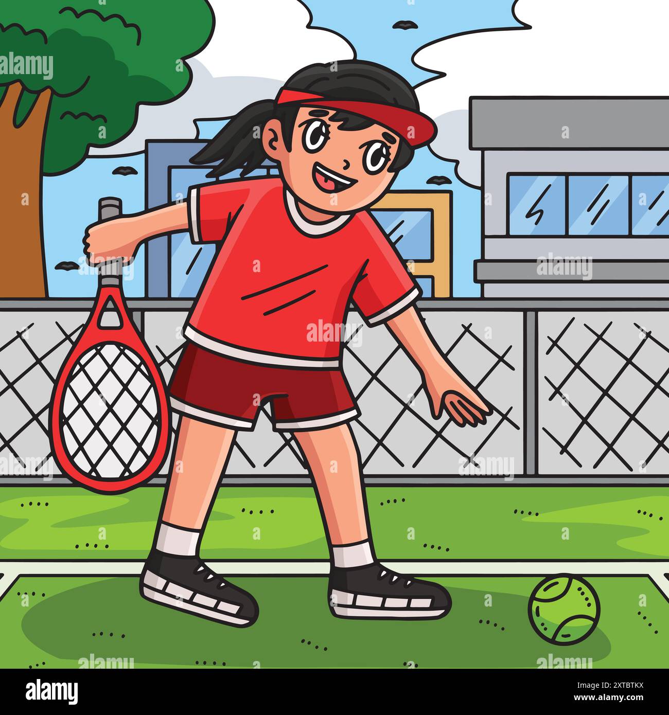 Tennis Female Player Picking Ball Colored Cartoon Stock Vector Image ...