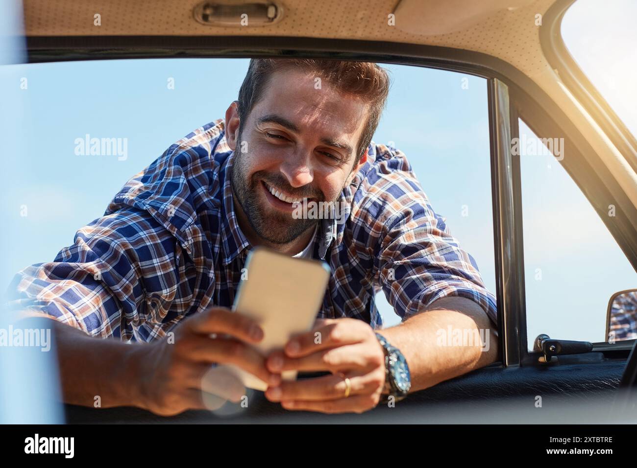 Road trip, break and man with phone by car for summer vacation ...