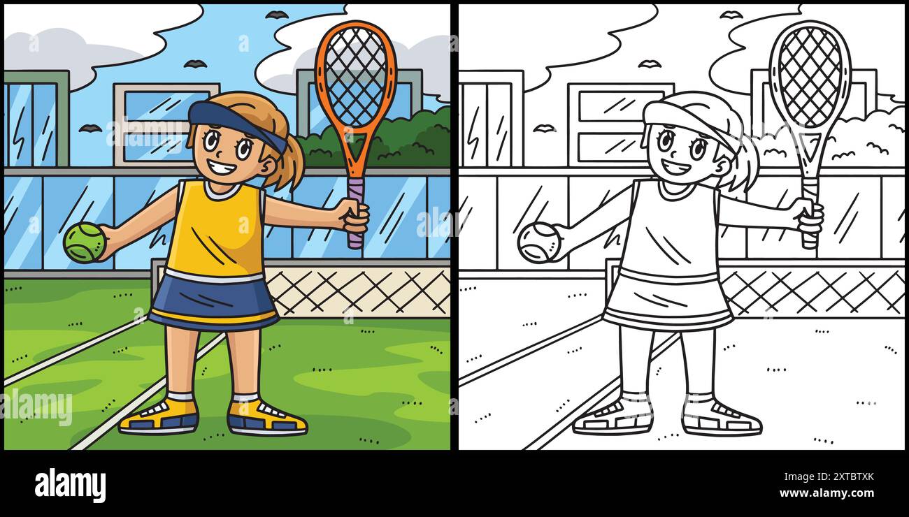Tennis Girl with Racket Ball Coloring Illustration Stock Vector Image ...