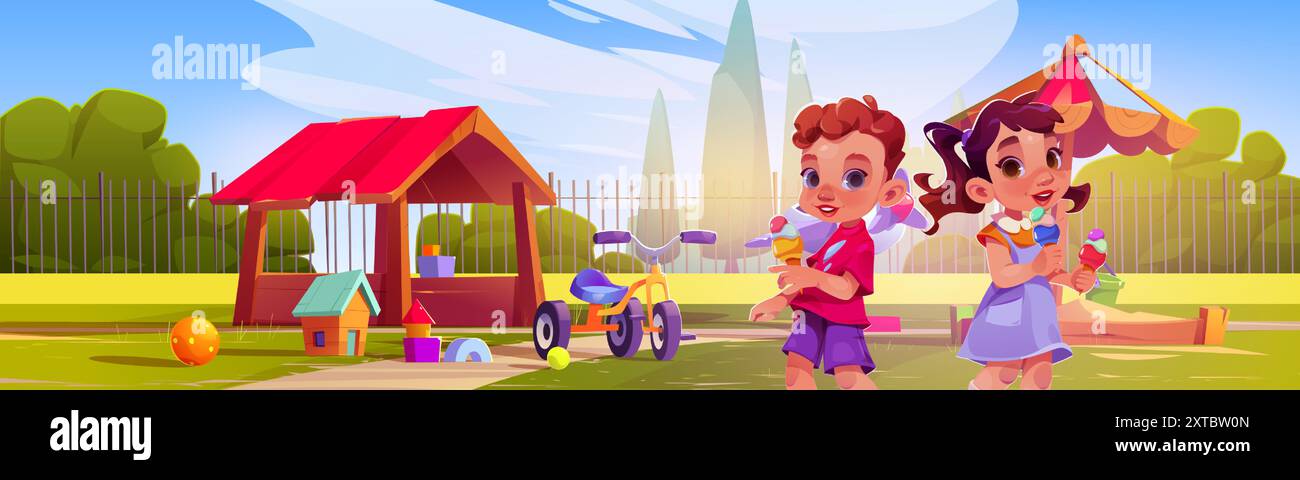 Children with ice cream in hands on yard with playground. Cartoon ...