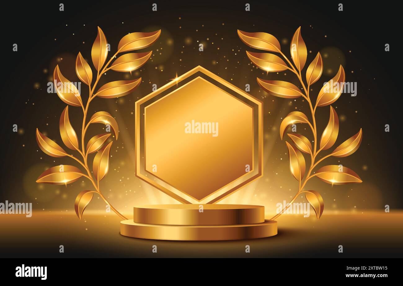 Gold award stage with laurel frame and cylinder two stairs podium ...