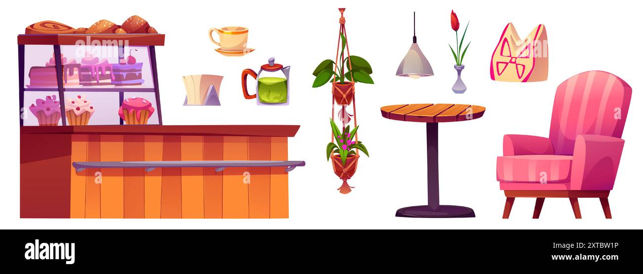Coffee and bakery shop or cafe interior elements. Cartoon vector ...
