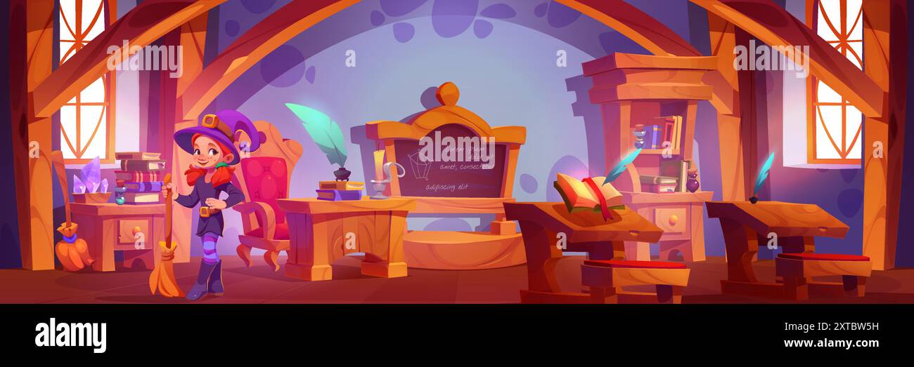 Magic school classroom interior with little witch with red hair, wizard ...