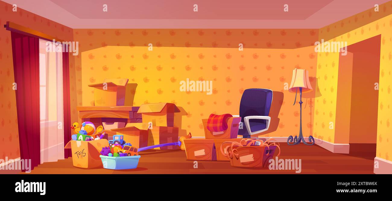 Personal stuff in cardboard boxes ready for house moving. Cartoon ...