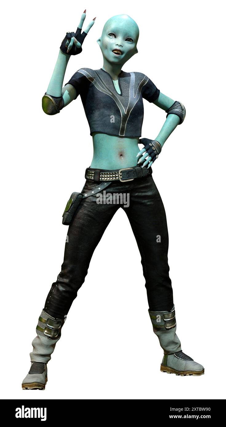 3D rendering of a green female teenager alien isolated on white ...