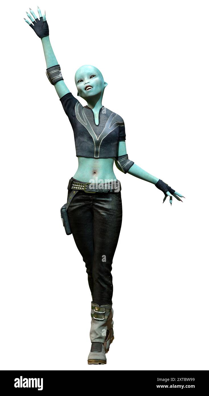 3D rendering of a green female teenager alien isolated on white ...