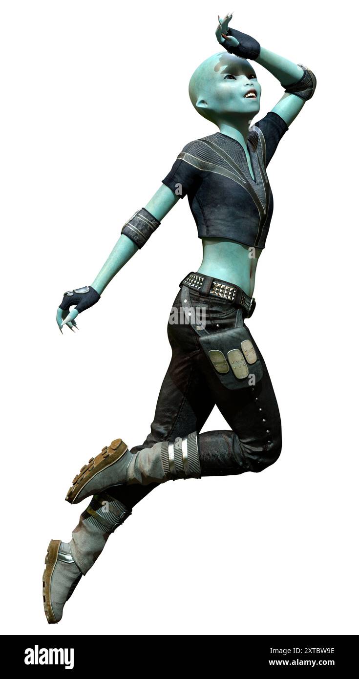 3D rendering of a green female teenager alien isolated on white ...