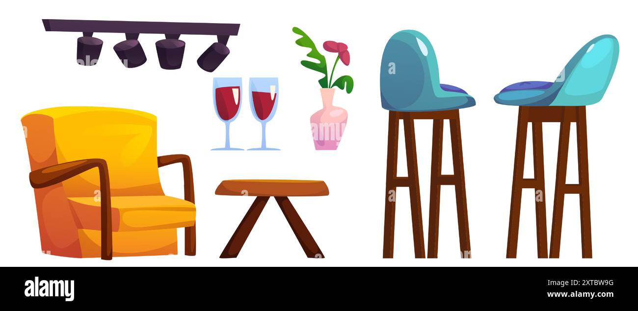Cafe or coffee shop interior furniture and elements. Cartoon vector set ...