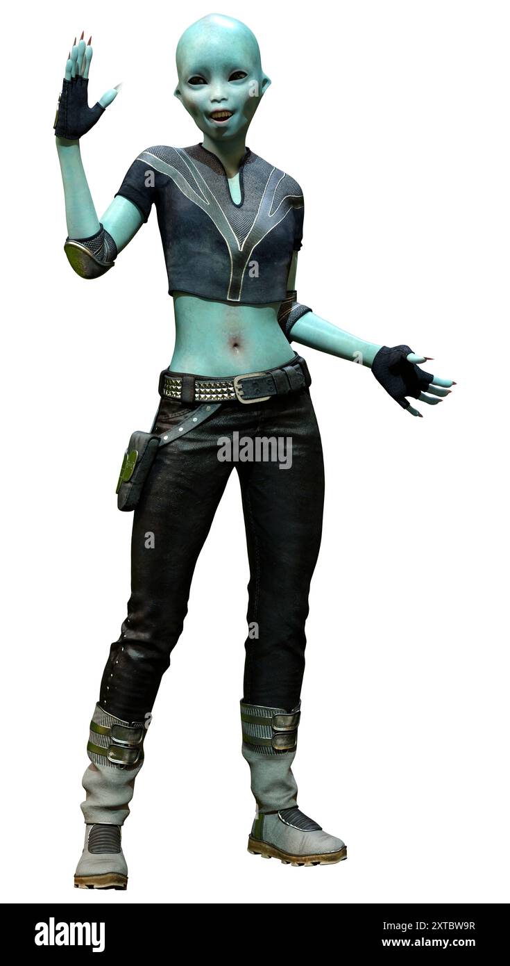 3D rendering of a green female teenager alien isolated on white ...