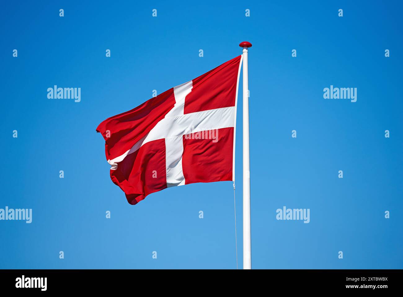 Flag, blue sky and denmark with symbol of scandinavian country or ...