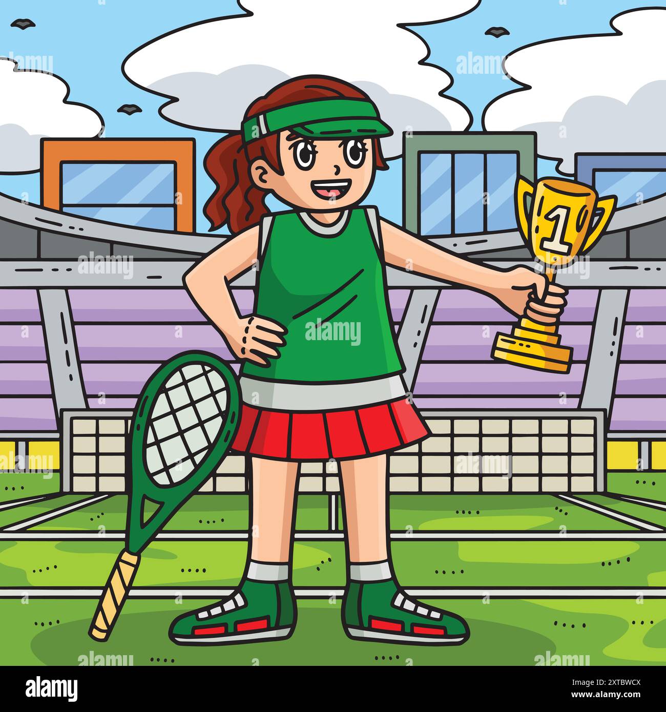 Tennis Female Player with Trophy Colored Cartoon Stock Vector Image ...