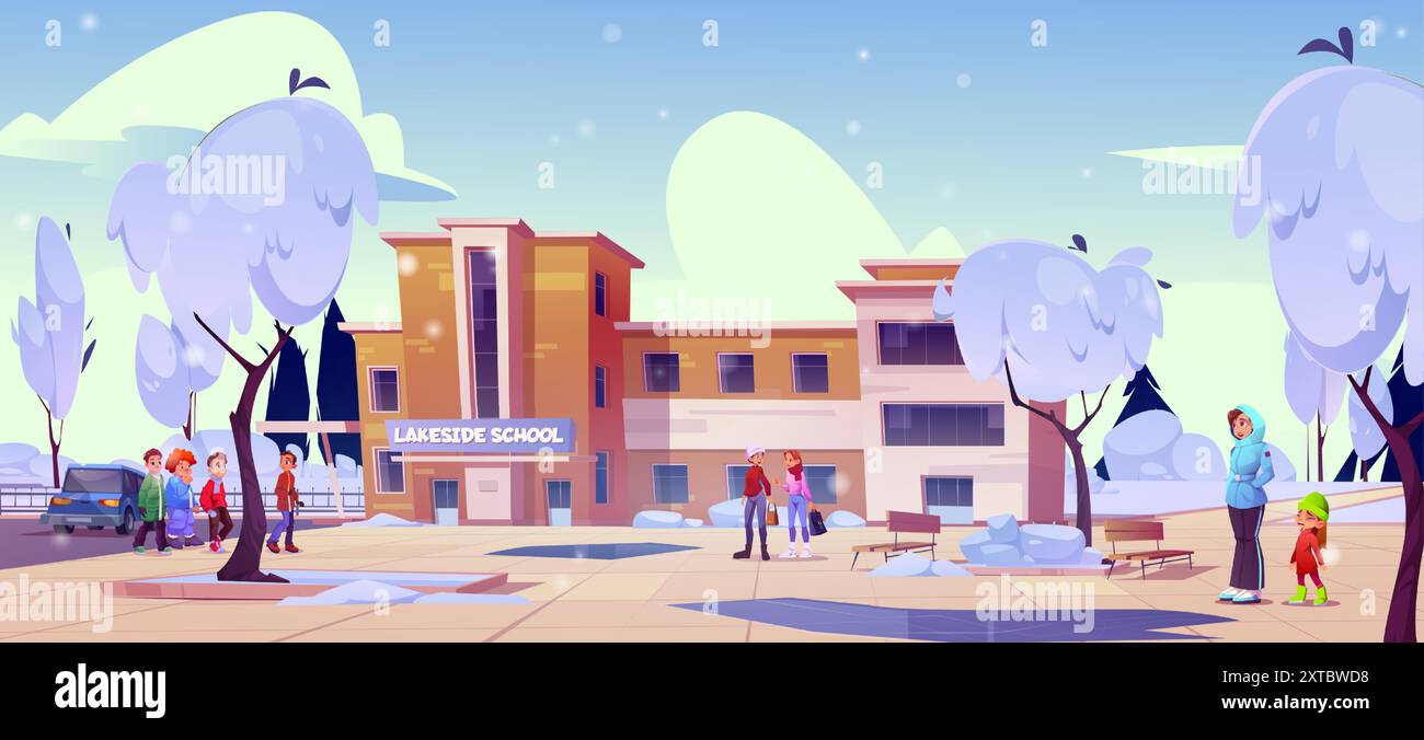 School building exterior on winter. Cartoon vector illustration of city ...