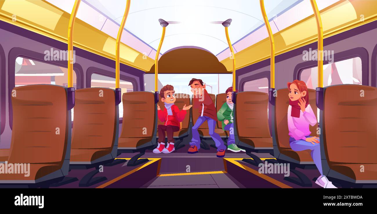 Teenage kids traveling in school bus. Cartoon vector autobus interior ...