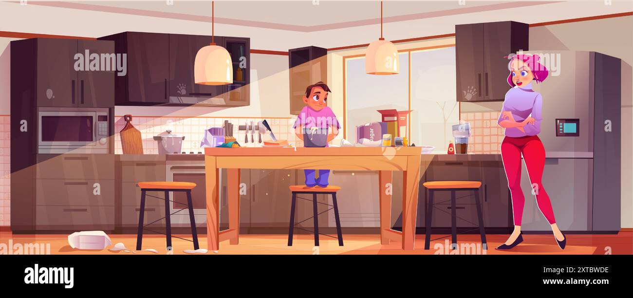 Angry mother scolding teen son for making mess in kitchen during ...