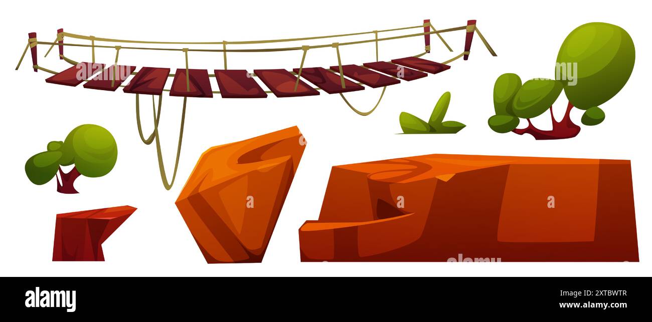 Old hanging wooden rope bridge and cliff edges for landscape creation ...