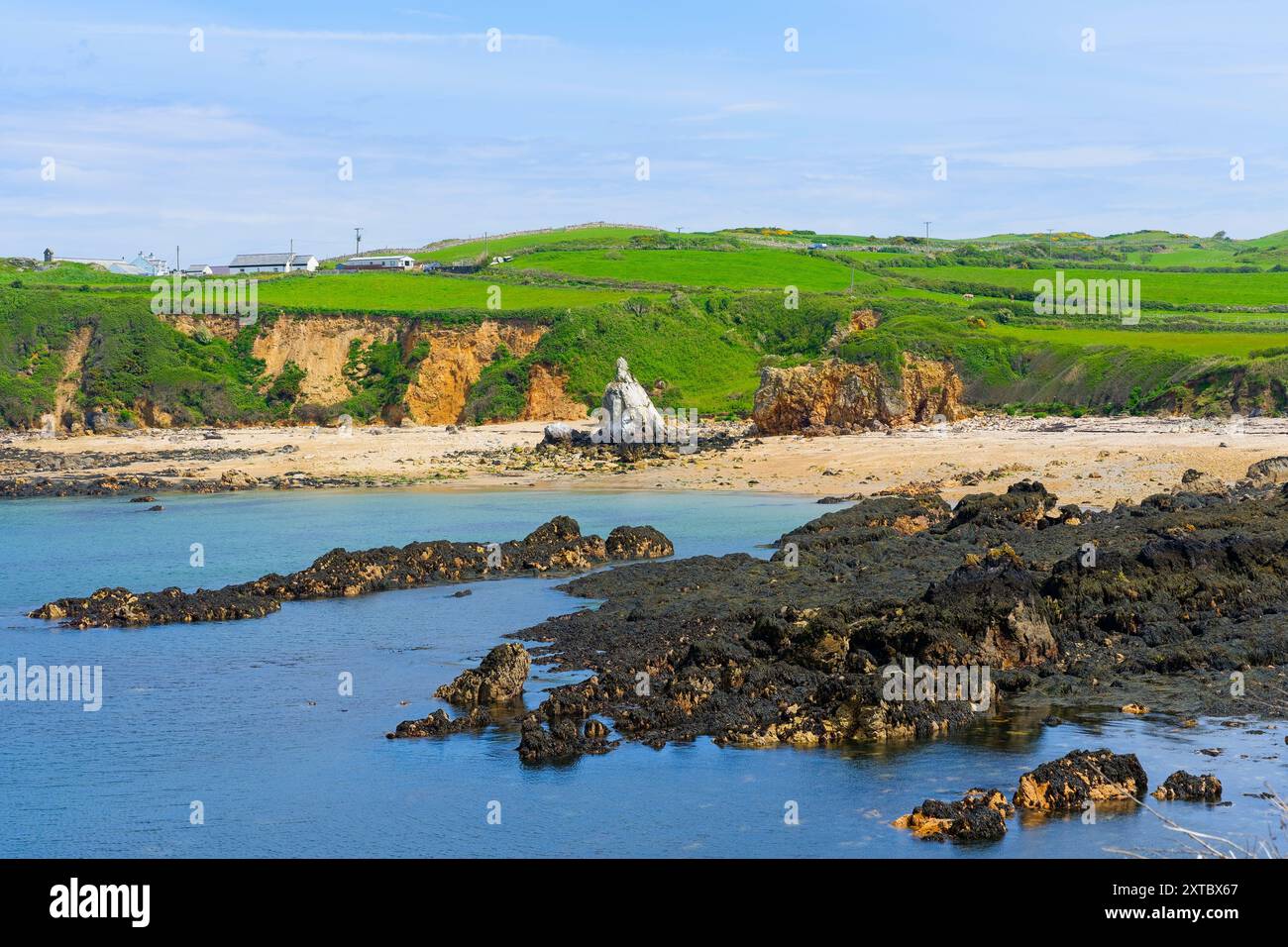A rock strewn Porth Padrig beach with the White Lady quartzite sea ...