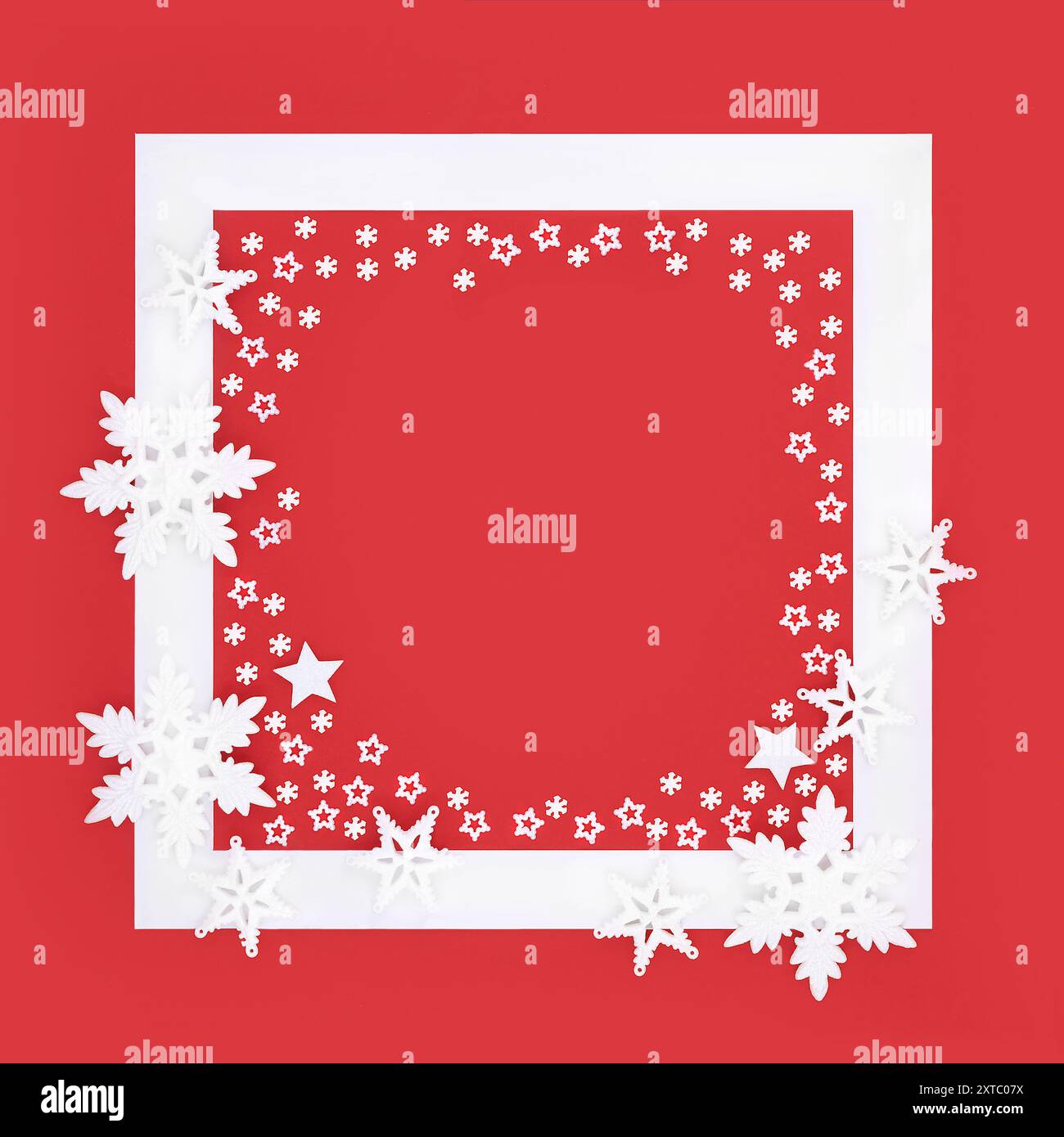 Christmas snowflake and star festive background border on red white ...