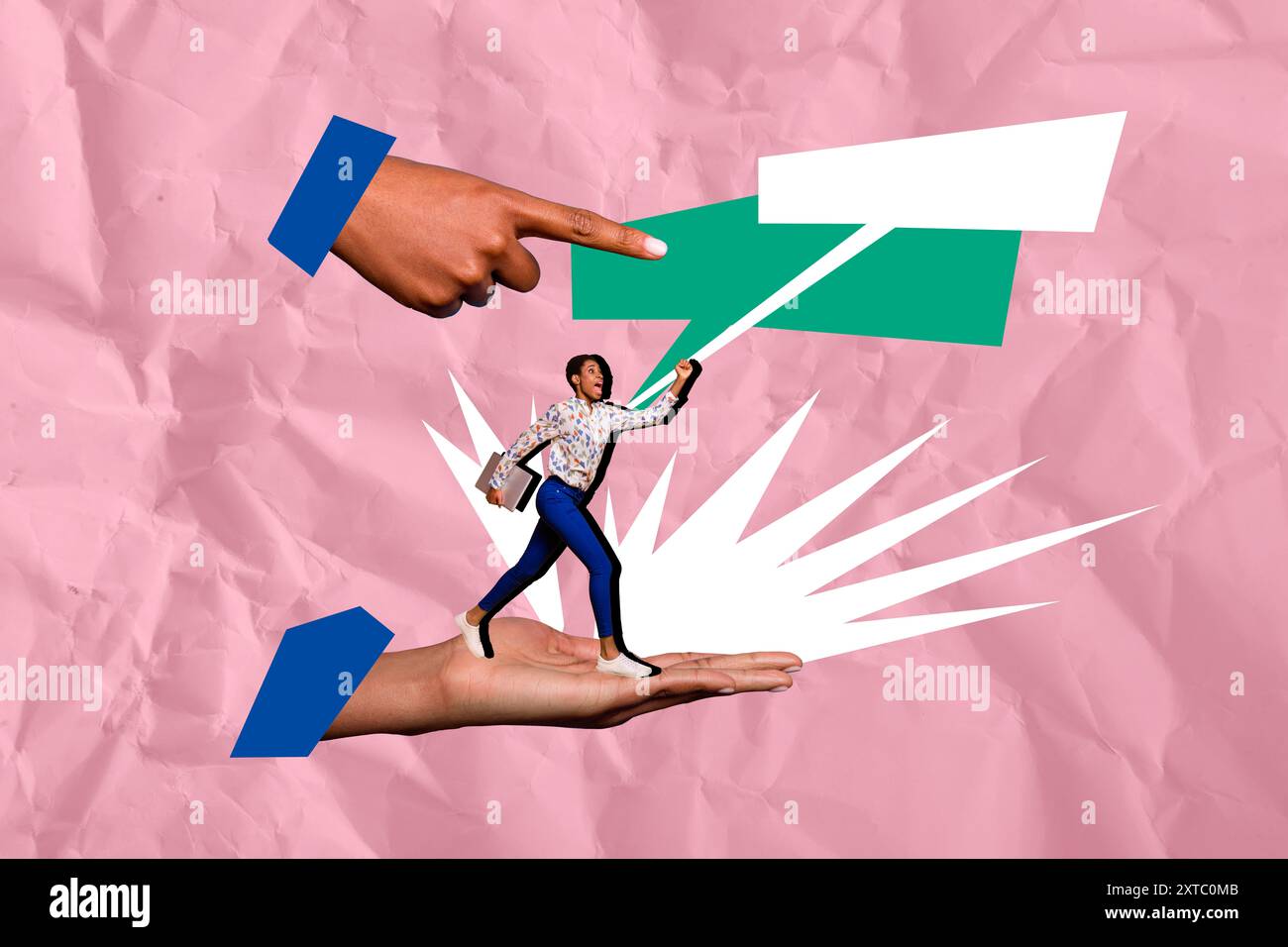 Creative picture collage young woman go project manager hands pointing ...