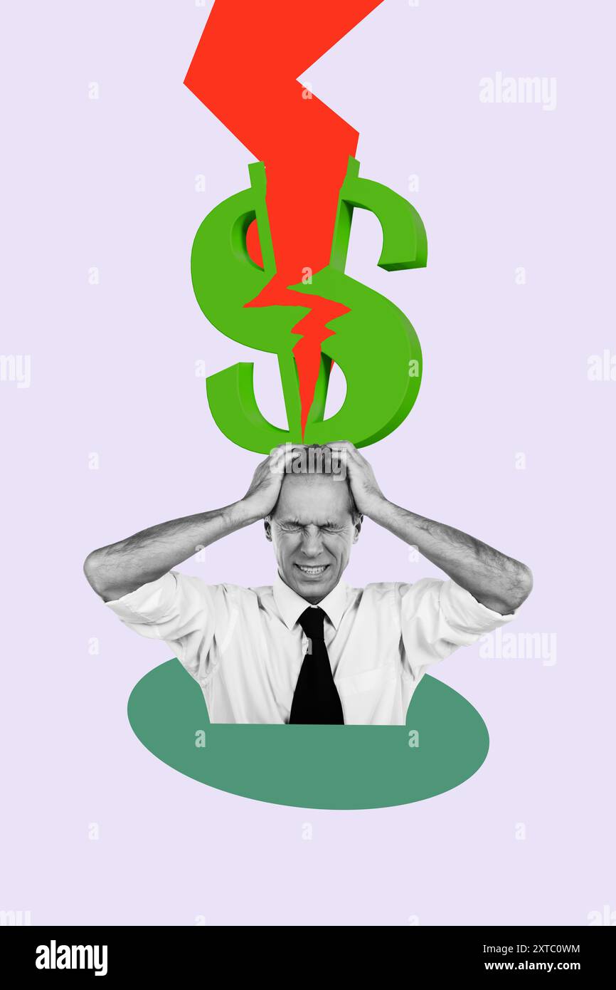 Vertical poster collage stressed man headache dollar currency finance ...