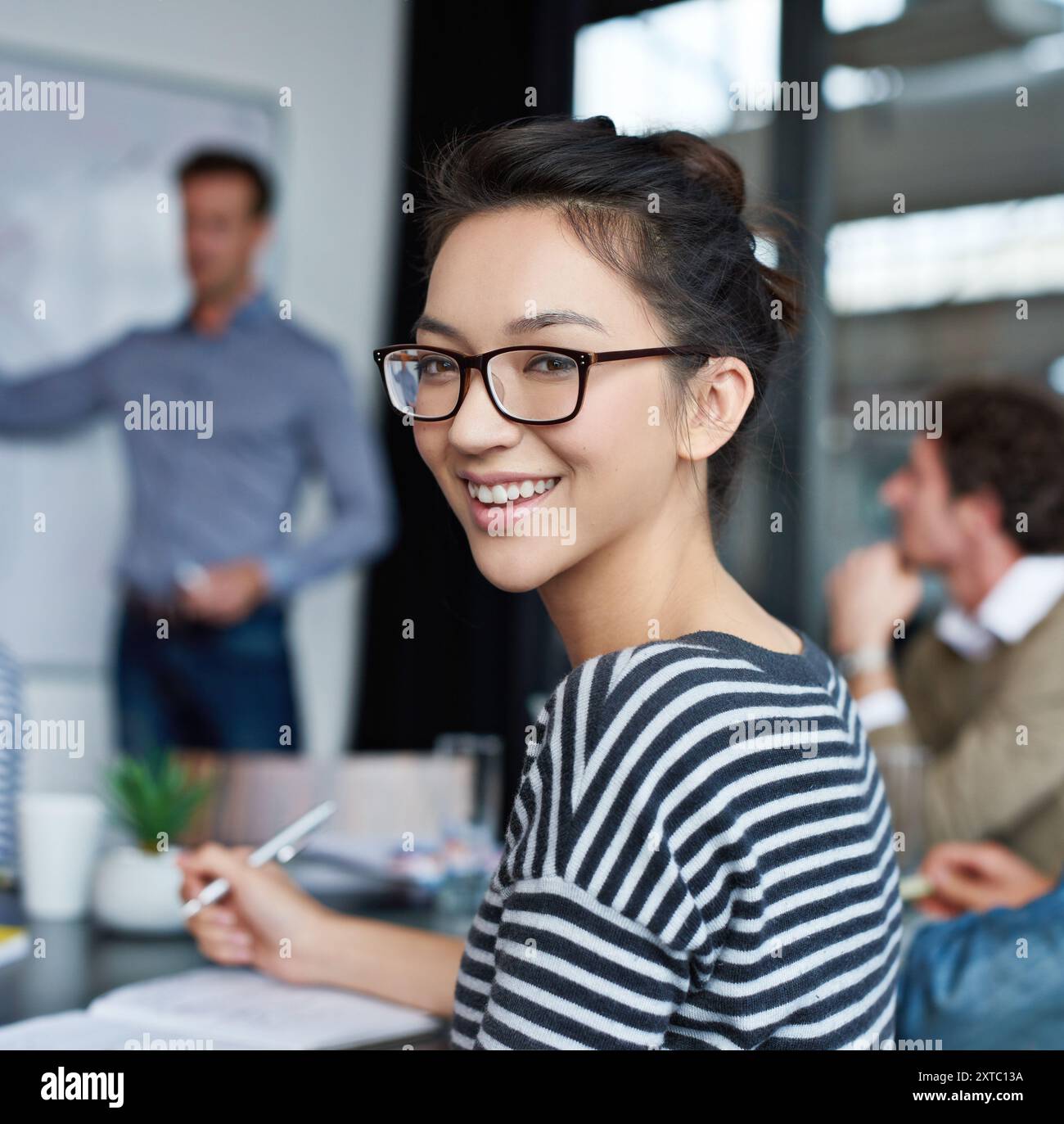 Smile, portrait and businesswoman writing notes in office for meeting ...