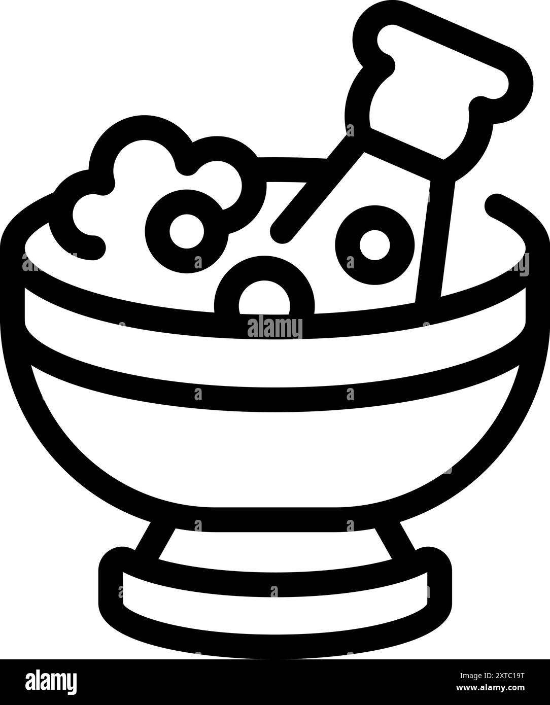 Simple, bold lined icon of a science experiment, beaker filled with a ...
