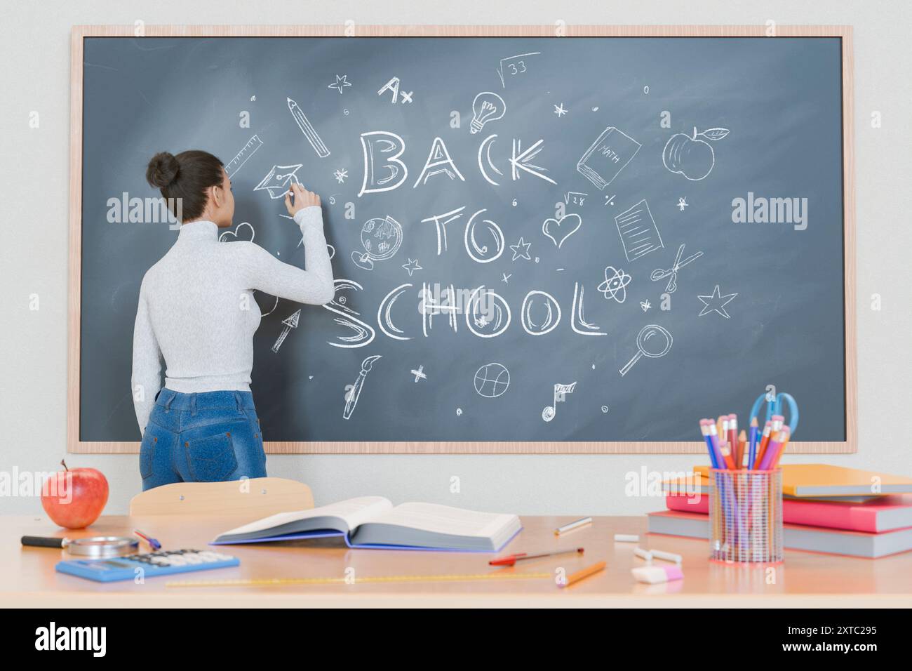 Female teacher writing "Back to School" on a blackboard in a classroom ...