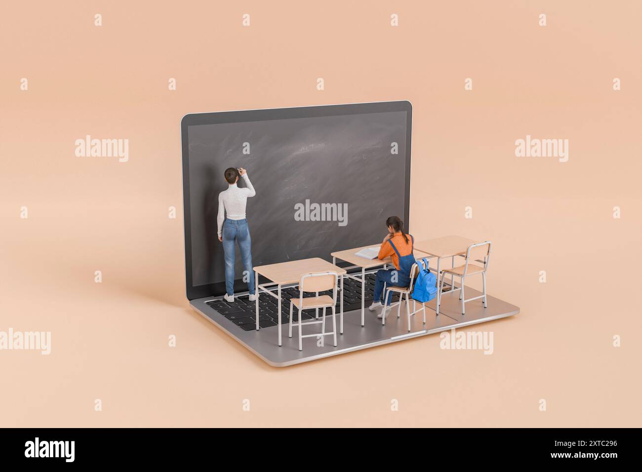 Virtual classroom setting with a female teacher writing on a blackboard ...