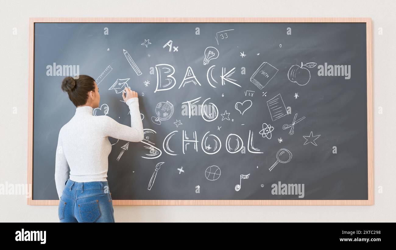 Female teacher writing "Back to School" on a blackboard in a classroom. The blackboard is filled ...