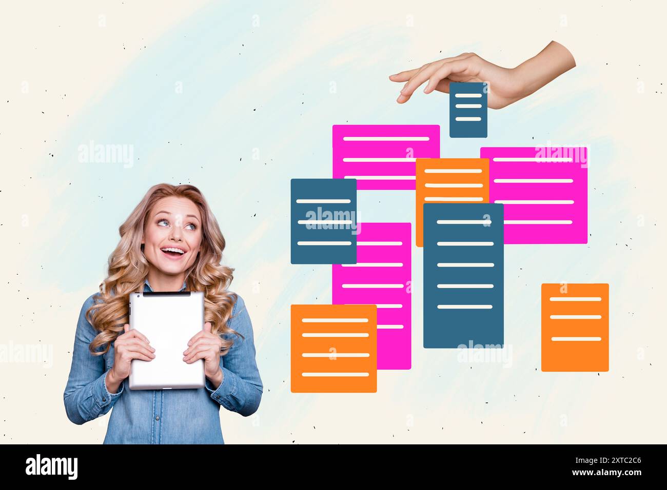 Composite photo collage of happy blonde businesswoman hold ereader ...