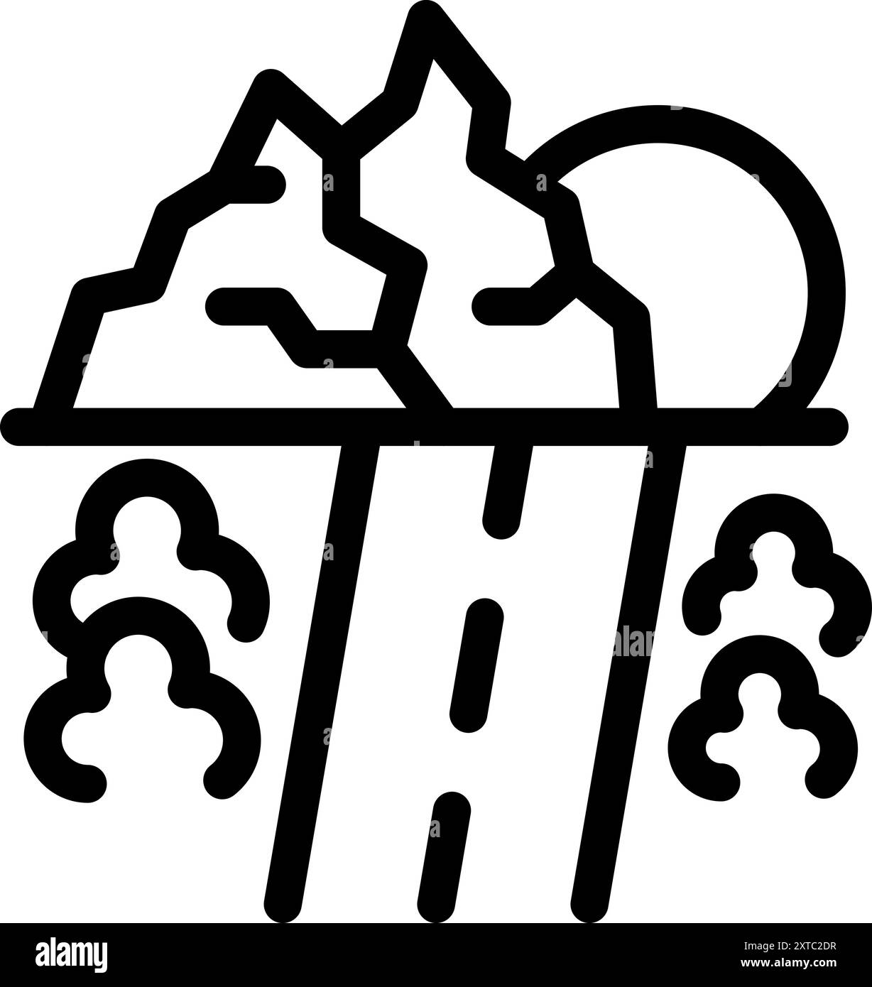 Line art vector icon of an empty road leading to the mountains with the ...