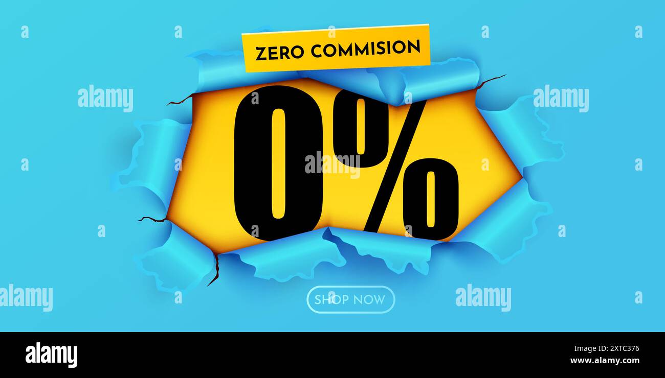 Yellow ripped paper. Zero Percent commission. Special offer Banner ...