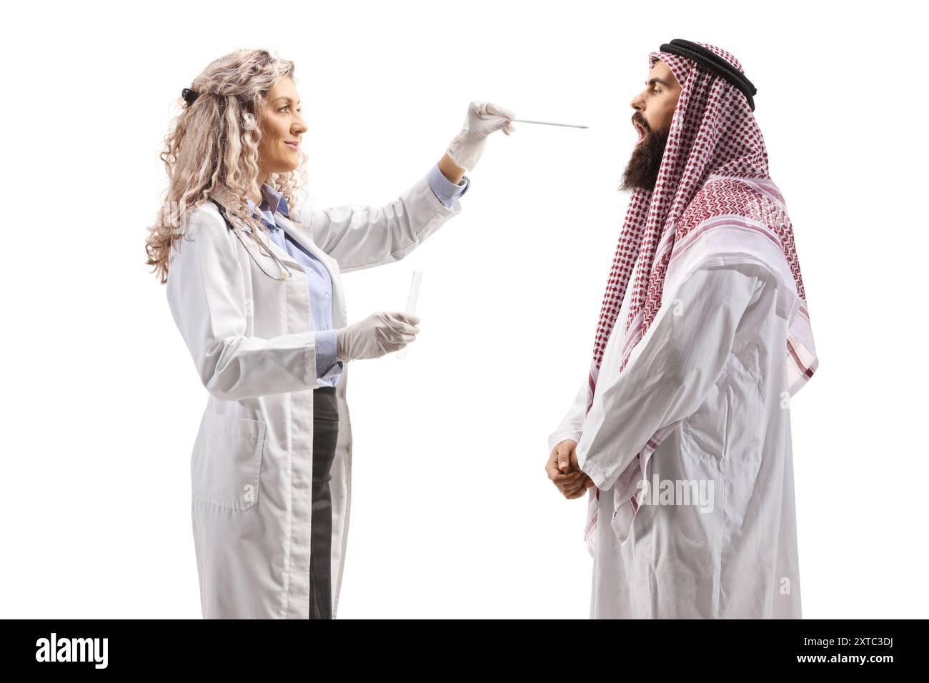 Profile shot of a female doctor taking a cotton swab test from an arab ...
