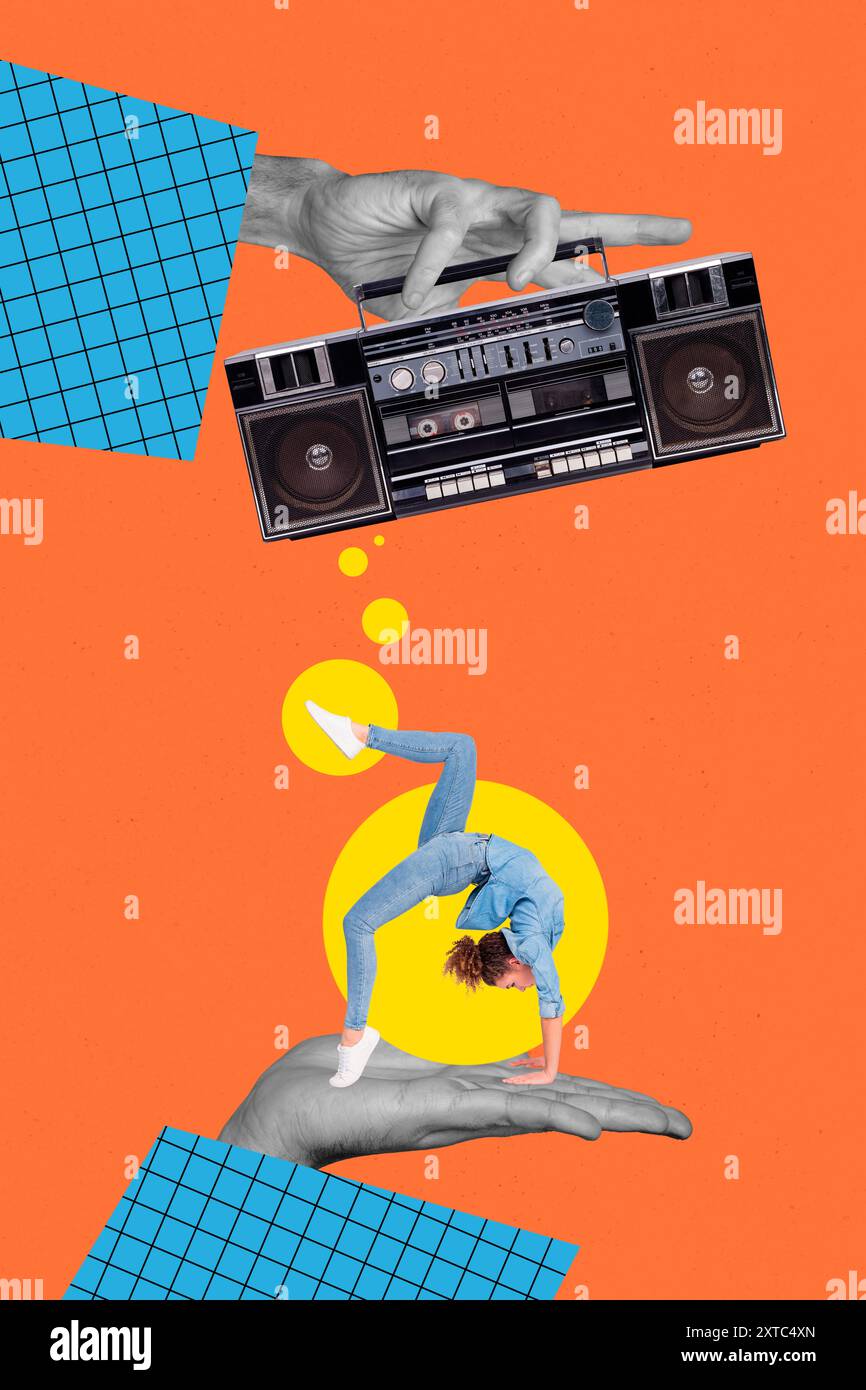 Vertical photo collage of hands hold girl do handset somersault retro ...