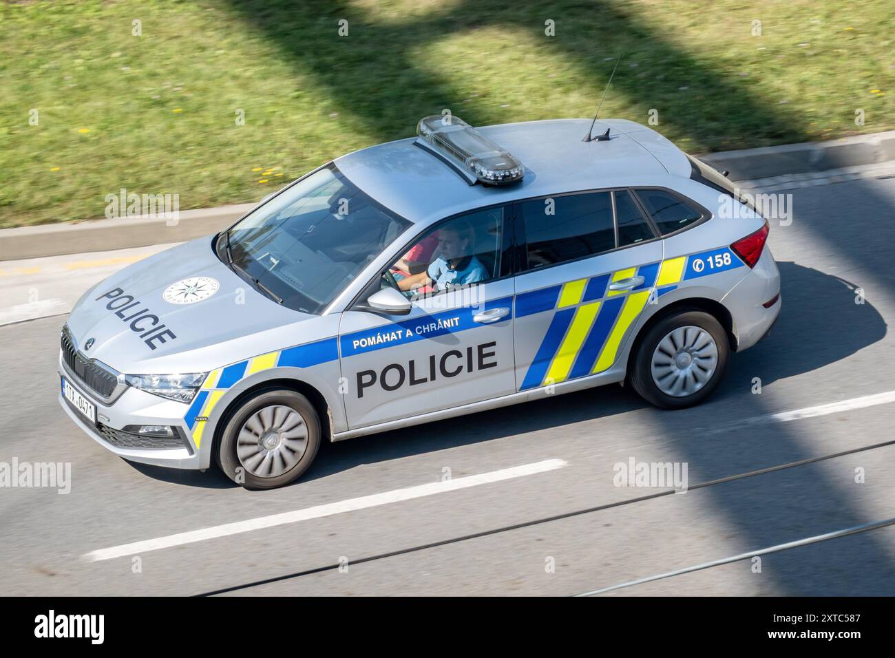 OSTRAVA, CZECH REPUBLIC - SEPTEMBER 13, 2023: Silver Skoda Scala police ...