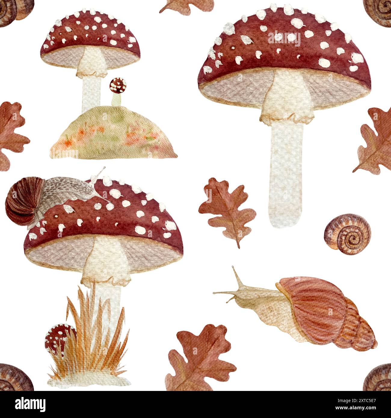 Fly agaric wild mushroom, a snail and oak leaf swatercolor seamless ...