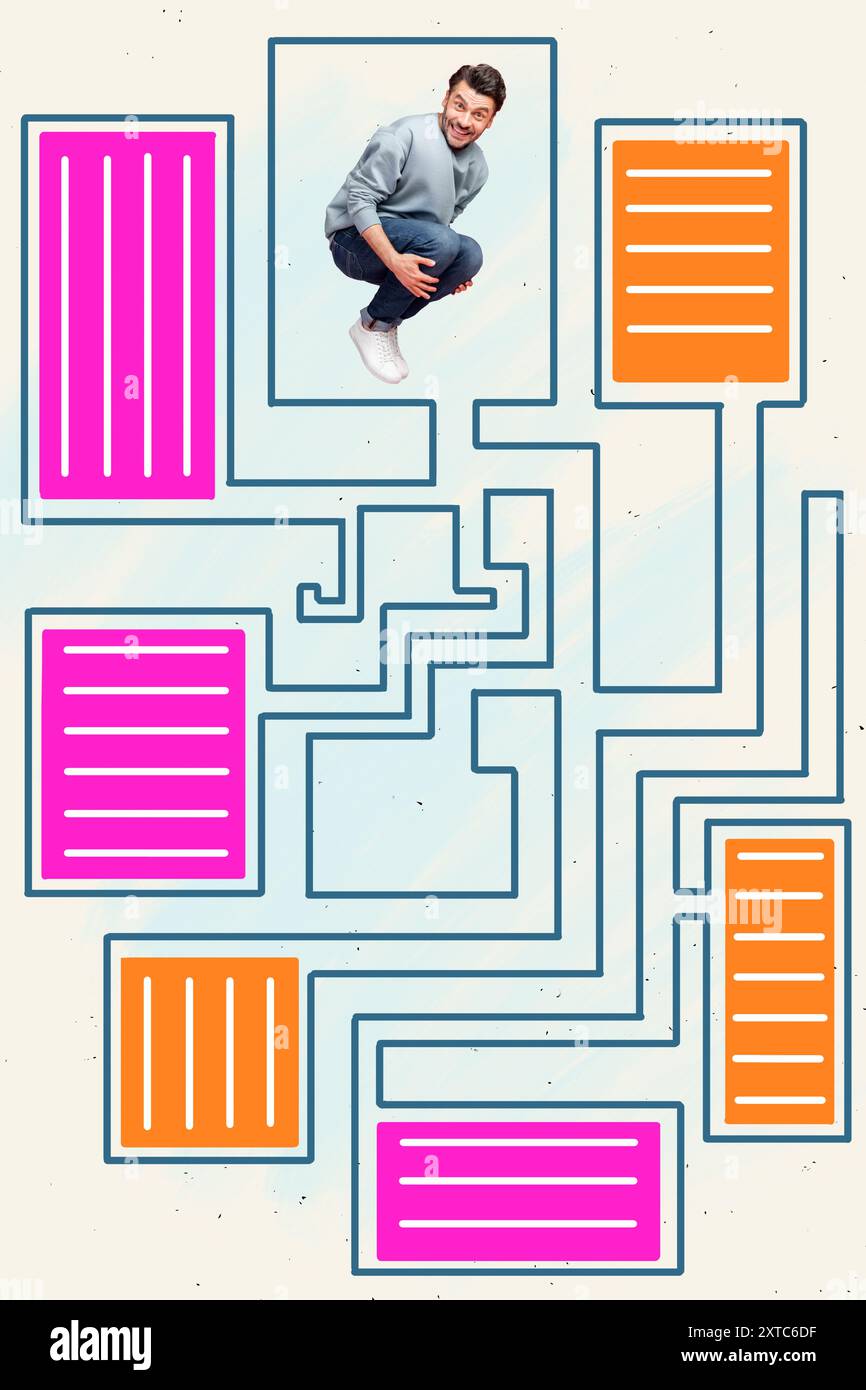 Vertical photo collage of happy businessman sit inside work algorithm ...