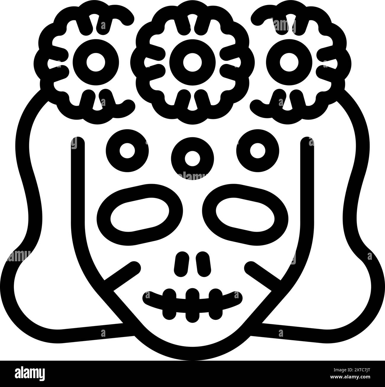 Simple black and white line art illustration of a sugar skull wearing a ...